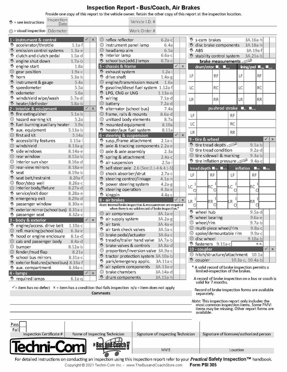 PSI-305 Bus or Coach with Air Brakes Report and Checklist for PMVI Ins ...